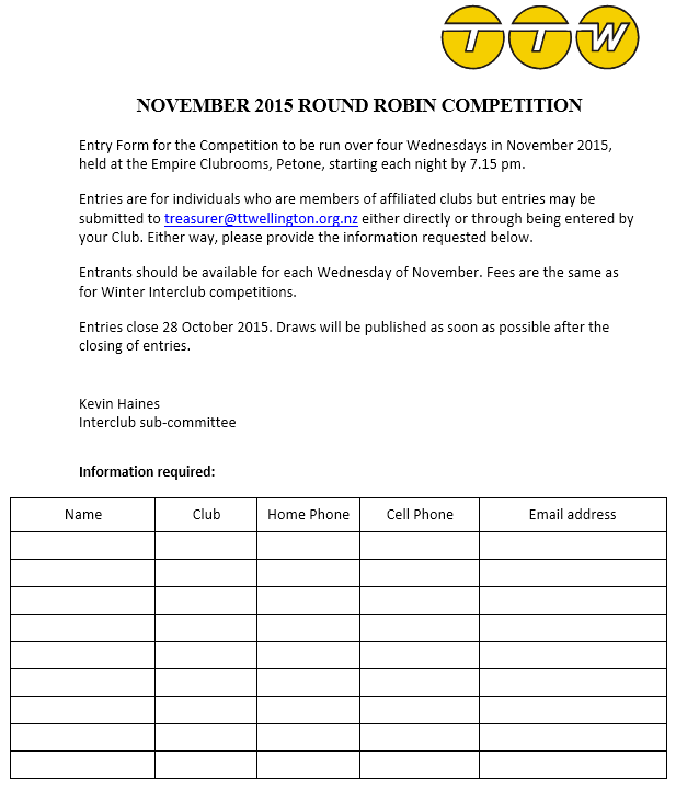 November Competition – Entry Form – Table Tennis Wellington